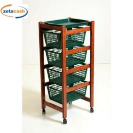 CARRELLO LEGNO NOCE RUOTE 4 CESTE PLASTICA H76X37X27